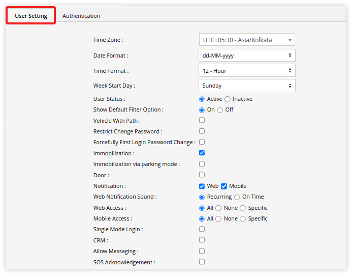 User Settings for Company Subuser